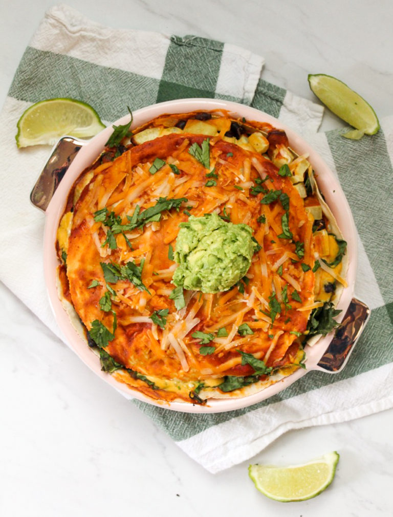 Enchilada Pie with Green Chili Queso